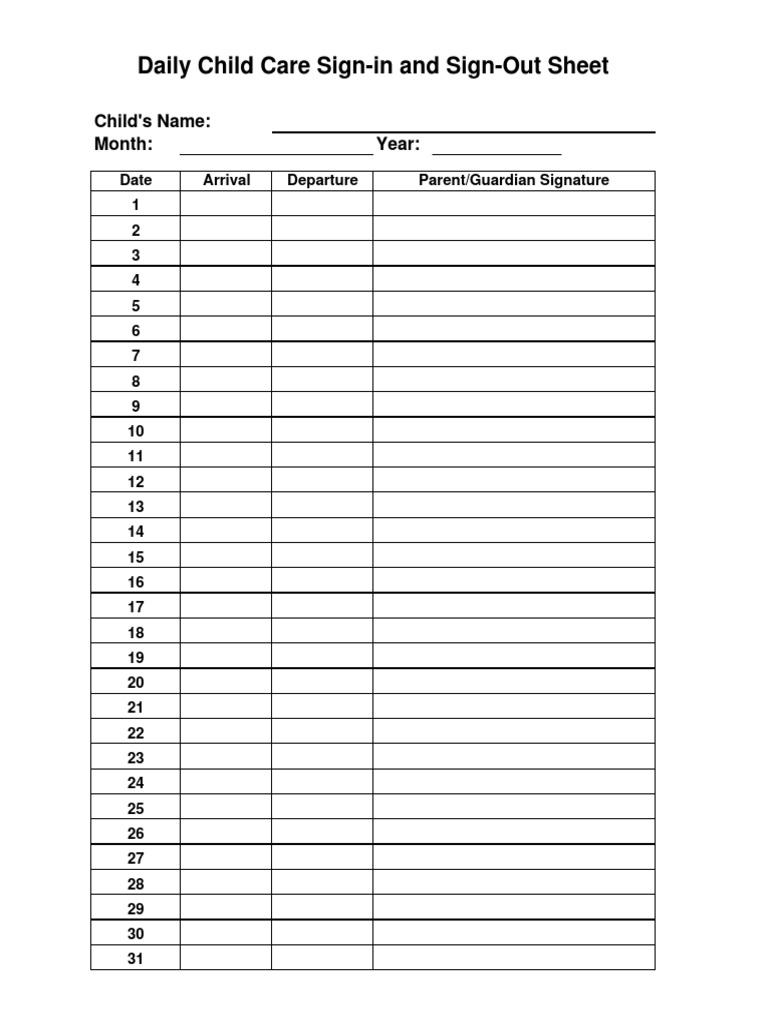 Daily Daycare Child Care Sign in Sheet | PDF