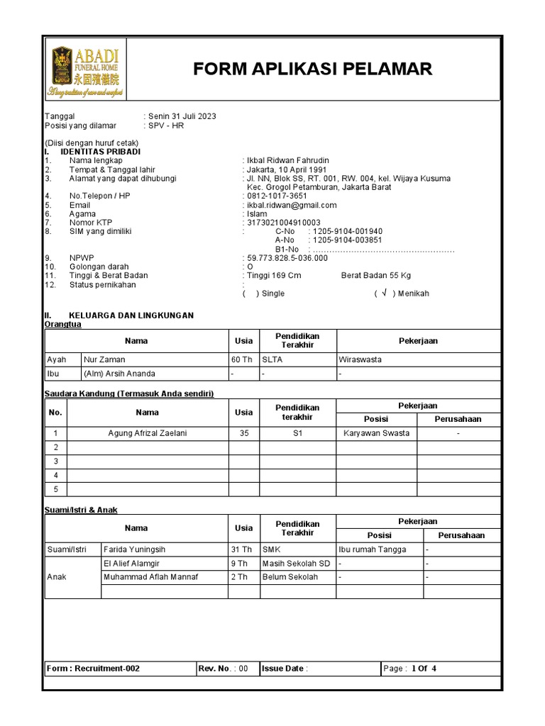 Form Aplikasi Pelamar | PDF