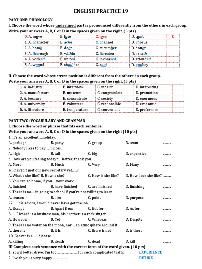 English Practice 19 Test 1 | PDF | English Language | Linguistics