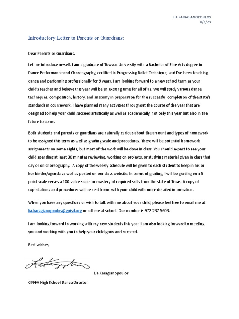 Introductory Letter To Parents or Guardians | PDF