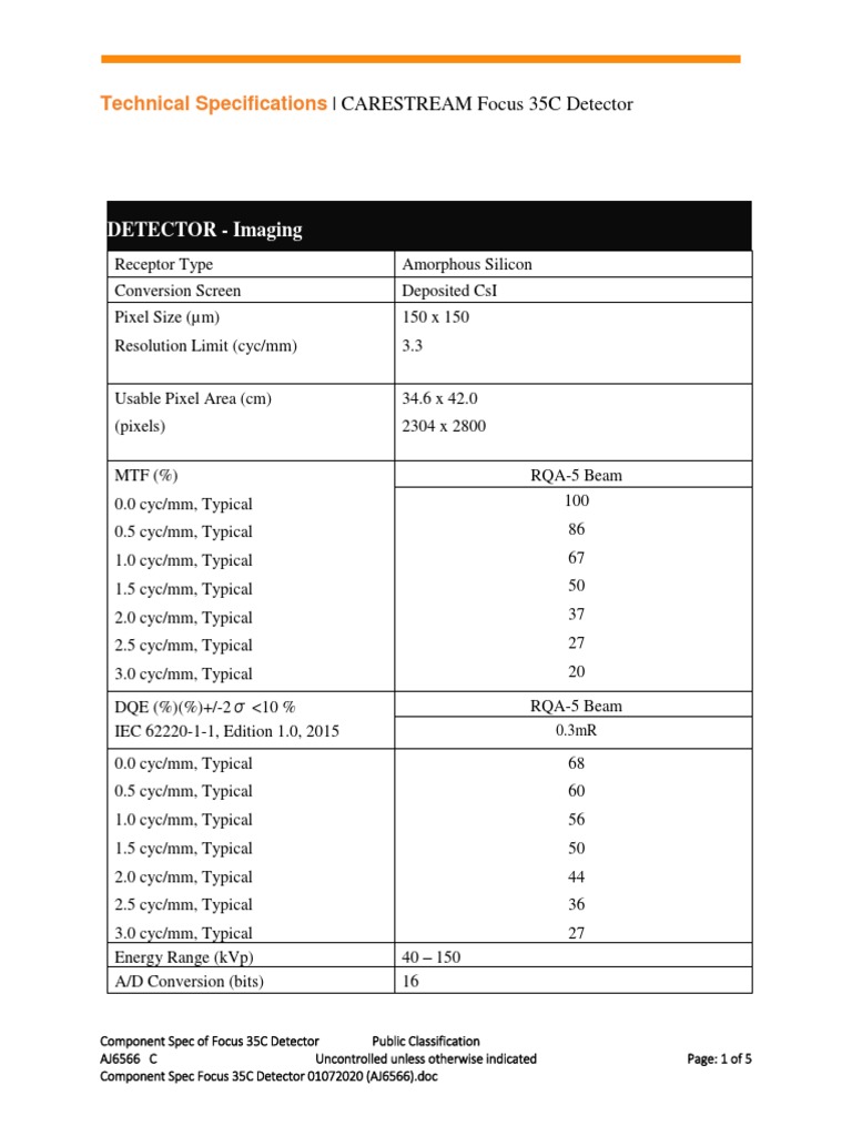 Carestream Focus 35C Detector Specs | PDF | Materials Science | Applied ...