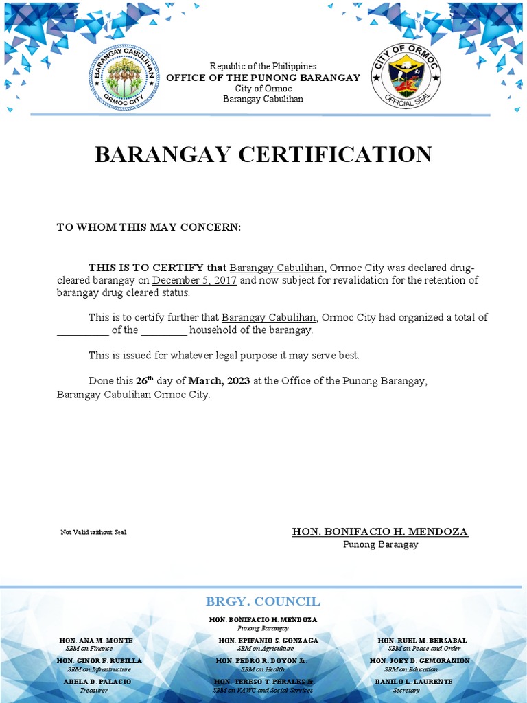 Certification DrugClearedBrgy 2023 | PDF