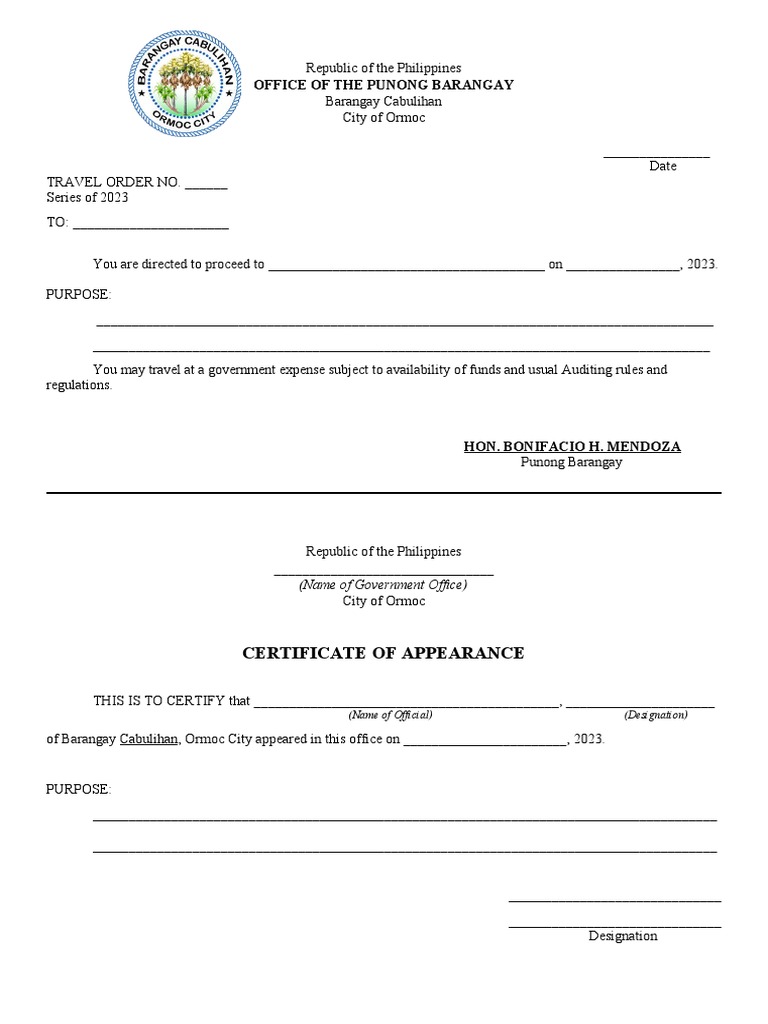 CERTIFICATE Travel Order With Appearance-2023 | PDF