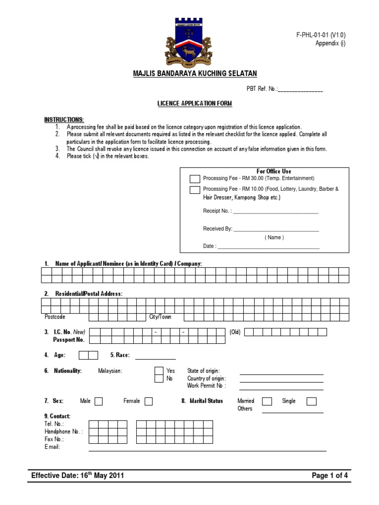 Kuching South License Application Form | PDF