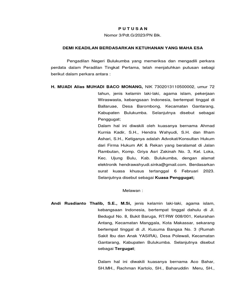 Salinan Putusan 3 PDT G 2023 PN BLK | PDF