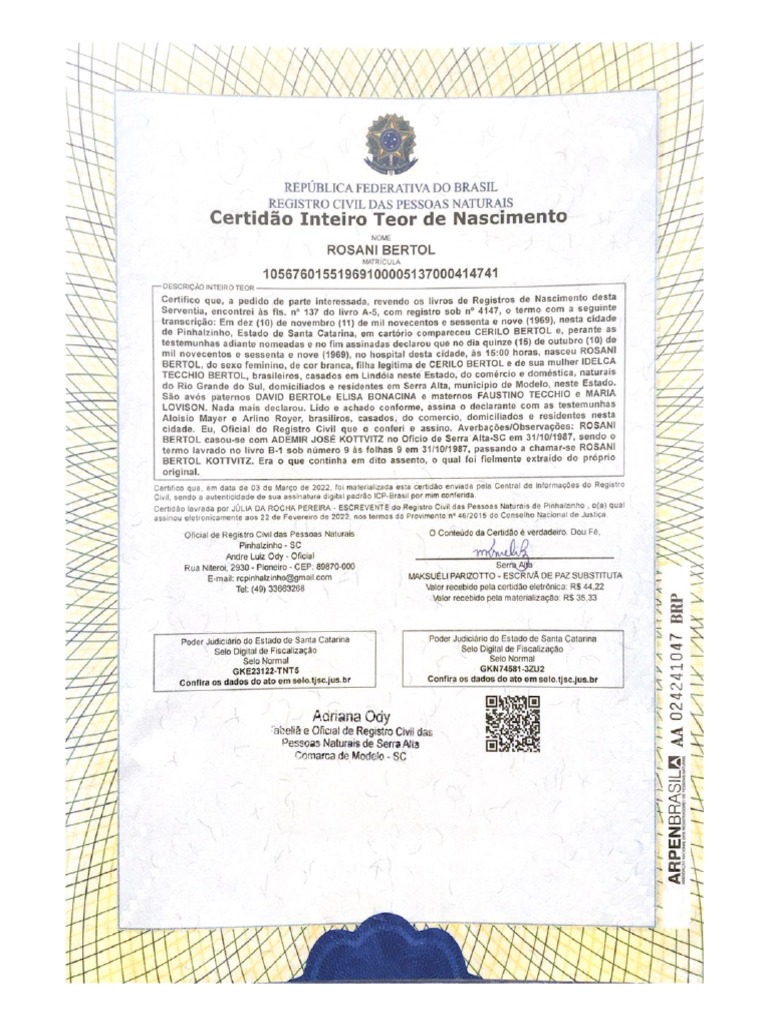 Certidão Inteiro Teor de Nascimento 2 | PDF