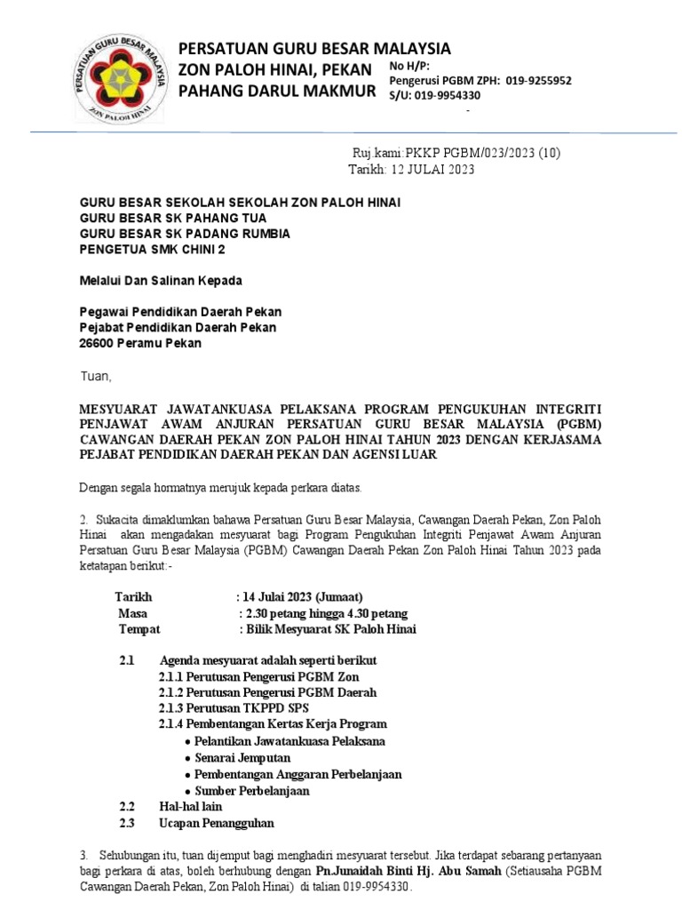 Surat Panggilan Mesyuarat Program | PDF