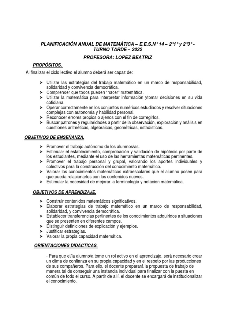 Planificación Anual De Matemática 2° Año Pdf Matemáticas Ecuaciones 1995