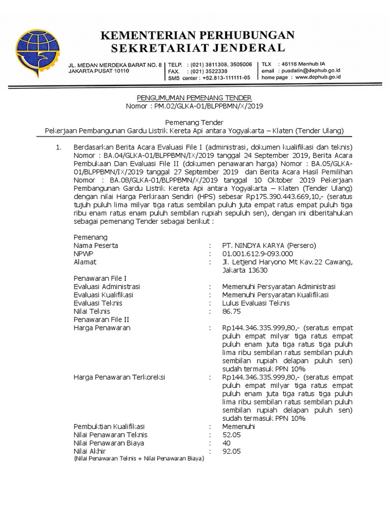 Pengumuman Pemenang Tender Pekerjaan Pembangunan Gardu Listrik Kereta ... Pengumuman Pemenang Tender Pekerjaan Pembangunan Gardu Listrik Kereta ...