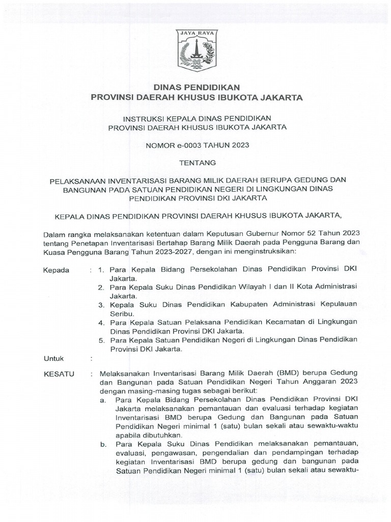 Surat Instruksi Kepala Dinas Pendidikan Provinsi DKI Jakarta Nomor e-0003 Tahun 2023 Tentang ...