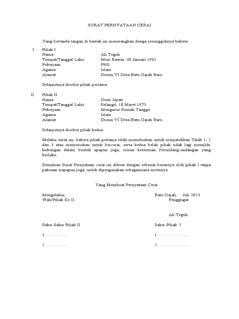 Surat Pernyataan Cerai | PDF