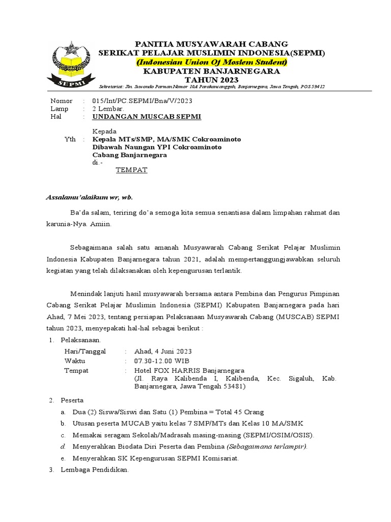 Undangan MUSCAB SEPMI Banjarnegara 2023 | PDF