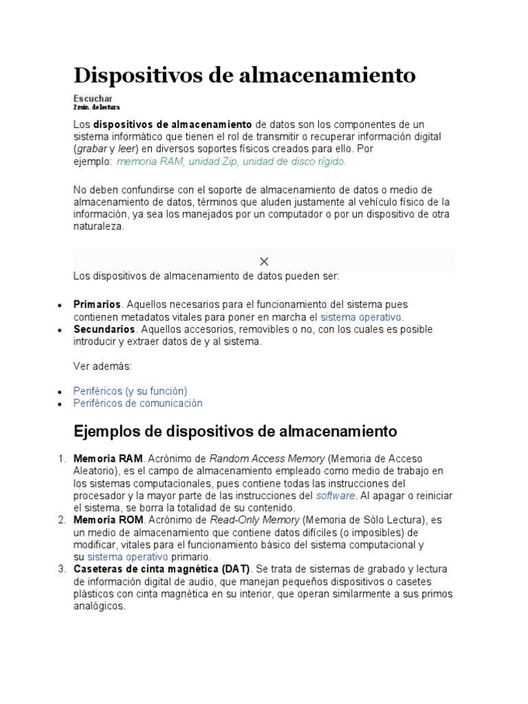 Dispositivos de Almacenamiento | PDF | Almacenamiento de datos de la ...