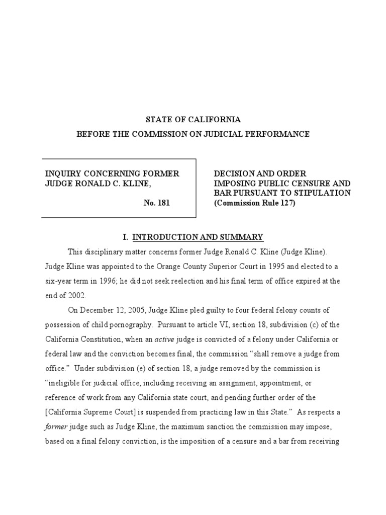 JUDGE REMOVED From Bench SEX OFFENDER Kline-Censure-Bar-6-15-06 | PDF