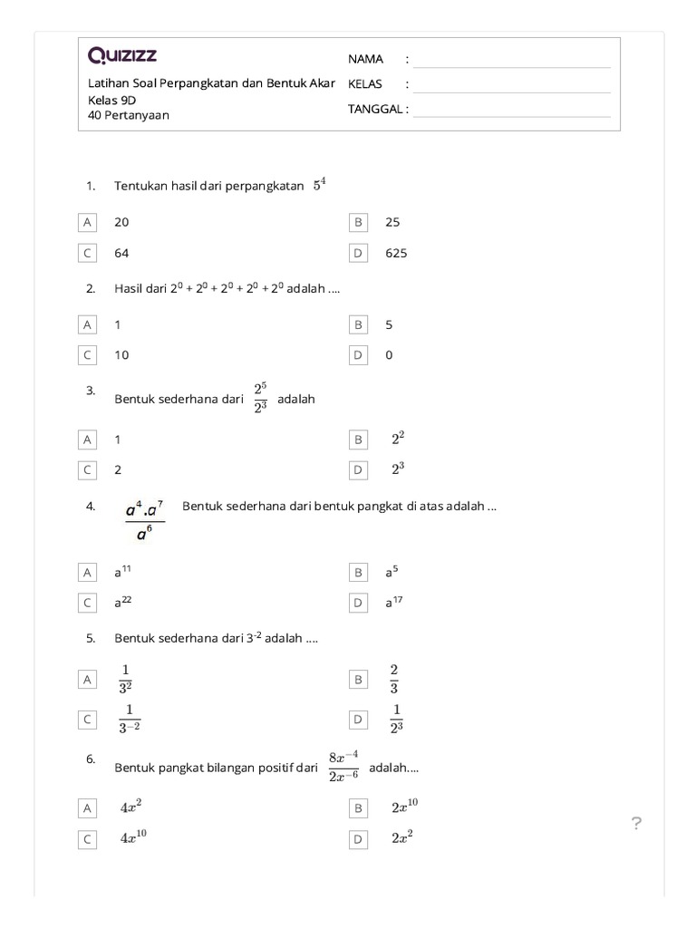 Latihan Soal Perpangkatan Dan Bentuk Akar Kelas 9D | PDF