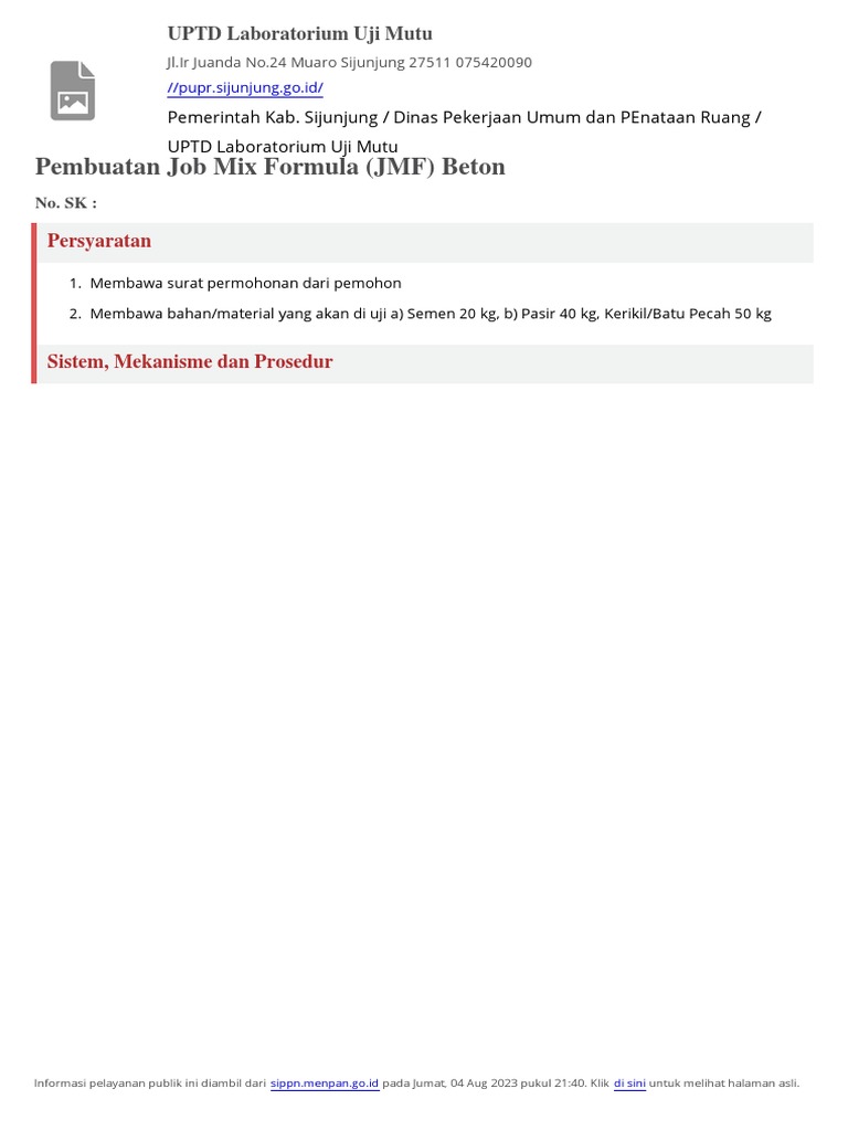 Unduh Standar Pelayanan - Pembuatan Job Mix Formula (JMF) Beton | PDF