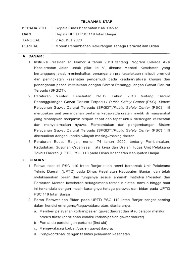 Telaahan Staf Perawat Dan Bidan PSC | PDF