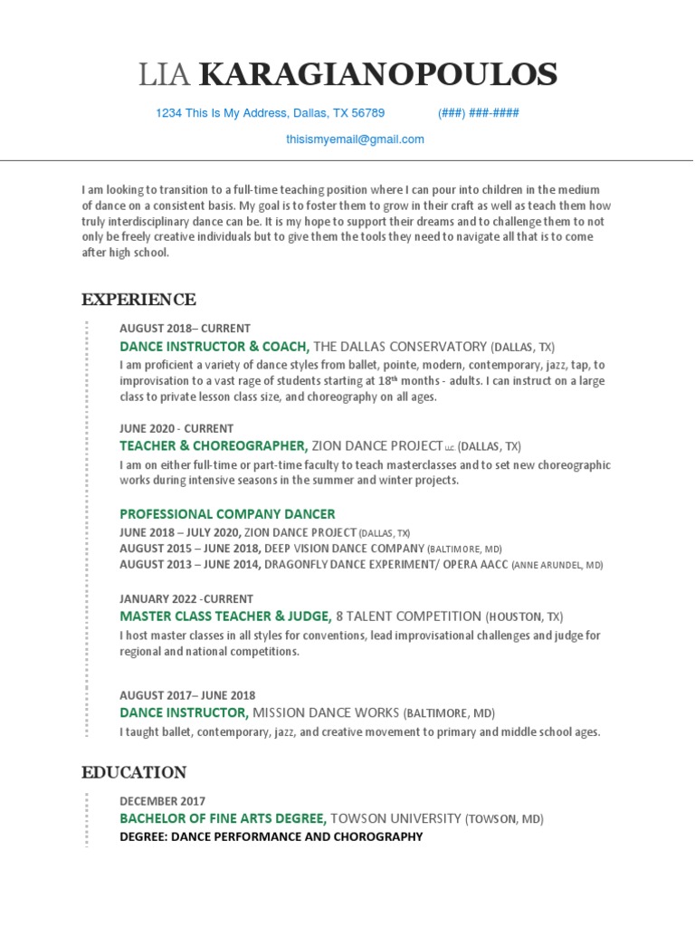 Lia Karagianopoulos - Mock Resume | PDF | Dances | Choreography