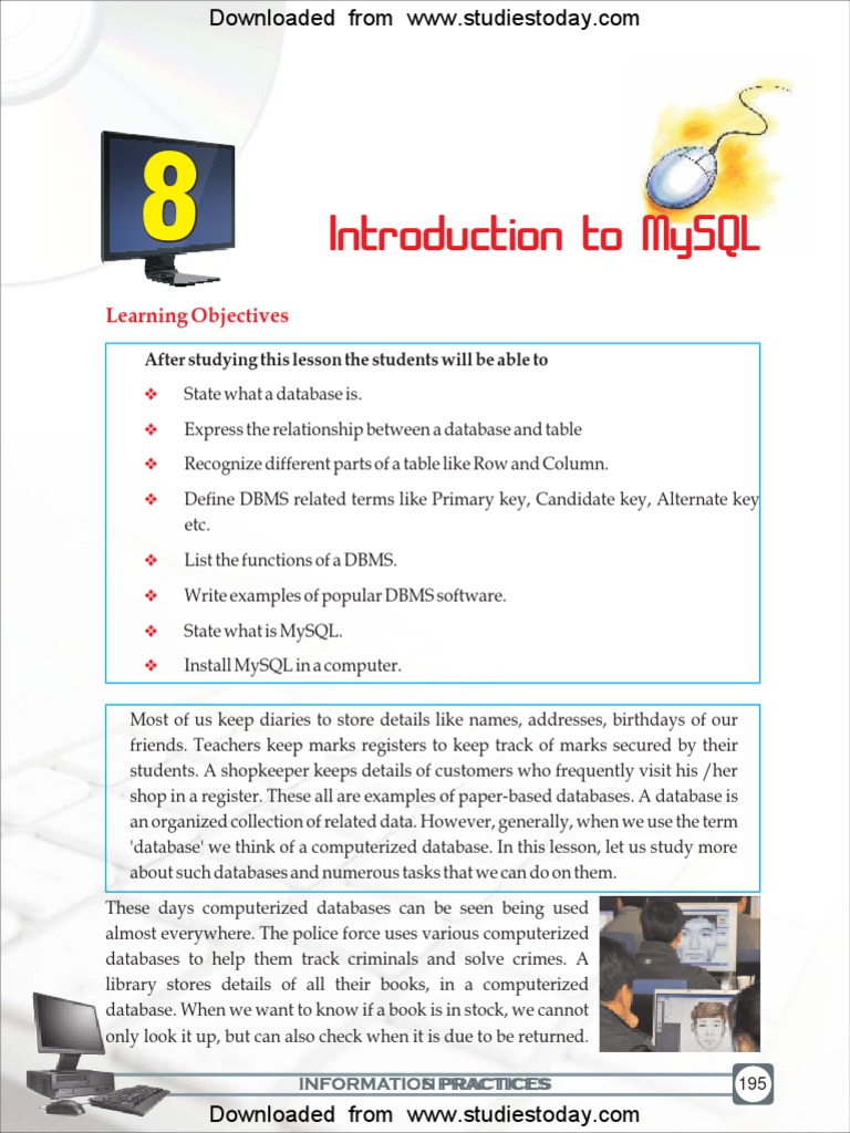 Cbse Class 11 Informatics Practices Introduction To Sql Pdf Databases My Sql