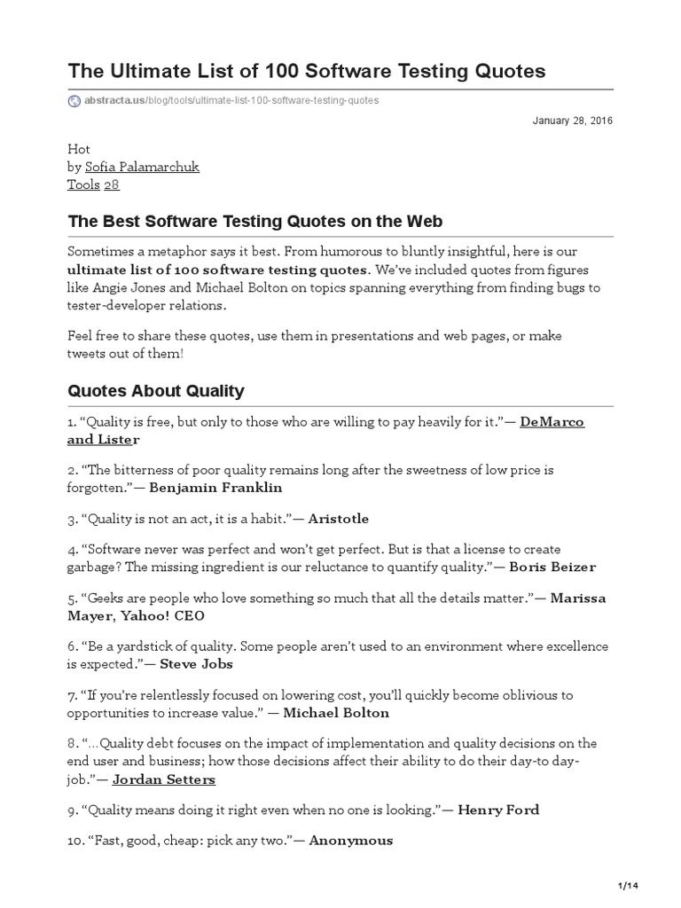Abstracta - Us-The Ultimate List of 100 Software Testing Quotes | PDF ...