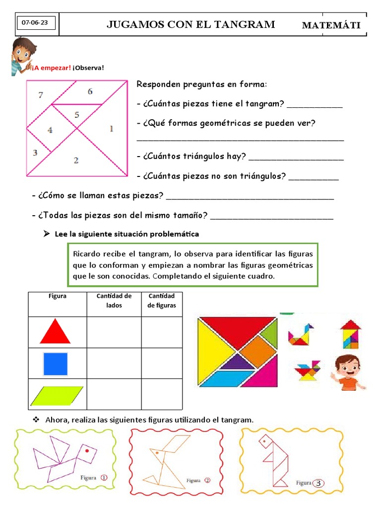 07-06-23 Ficha Mat. Jugamos Con El Tangram | PDF