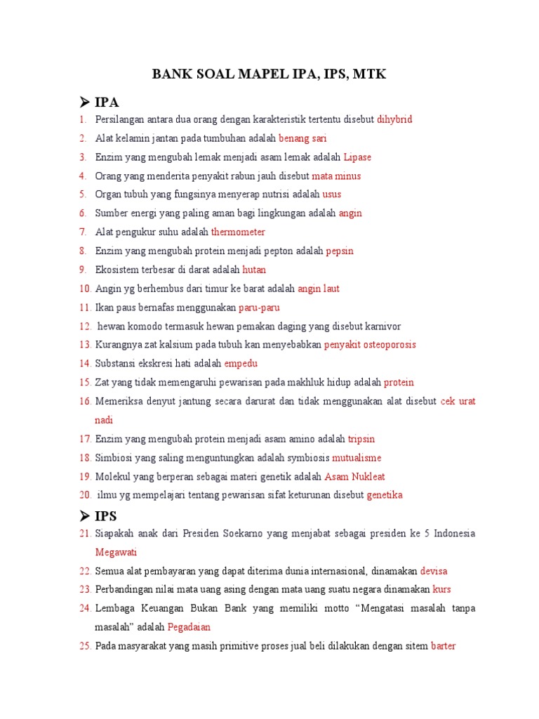 Bank Soal Mapel Ipa, Ips, & MTK | PDF | Sains & Matematika