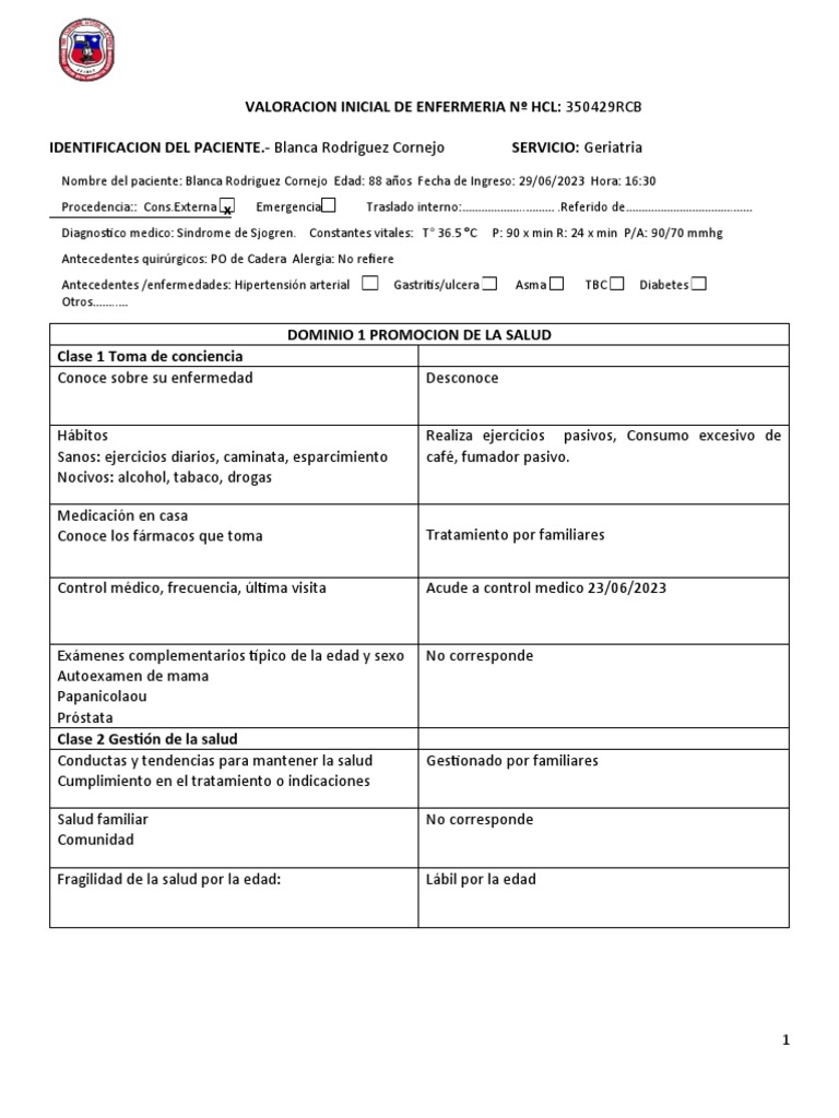 Valoracion Inicial de Enfermeria Por Dominios 2023 Actualizado | PDF | Nutrición | Dieta y nutrición