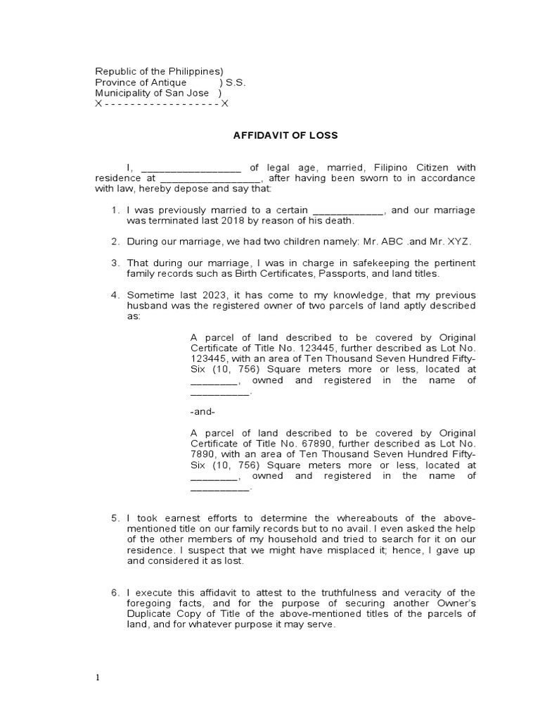 Draft Affidavit of Loss | PDF | Affidavit | Document