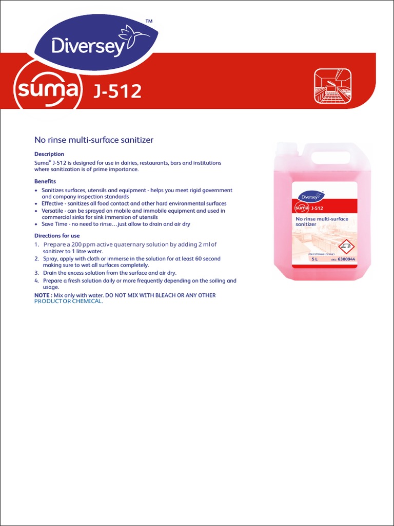 PIS - J512 No Rinse Sanitiser | PDF | Disinfectant | Water