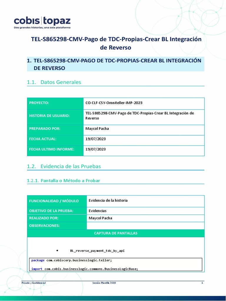 Evidencia-TEL-S865298-CMV-Pago de TDC-Propias-Crear BL Integración de Reverso | PDF | Marca ...