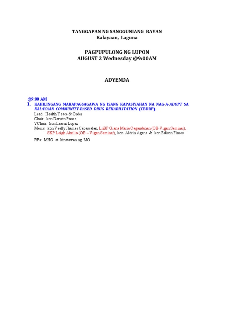 Pagpupulong NG Lupon AUGUST 2 Wednesday @9:00AM: Tanggapan NG ...