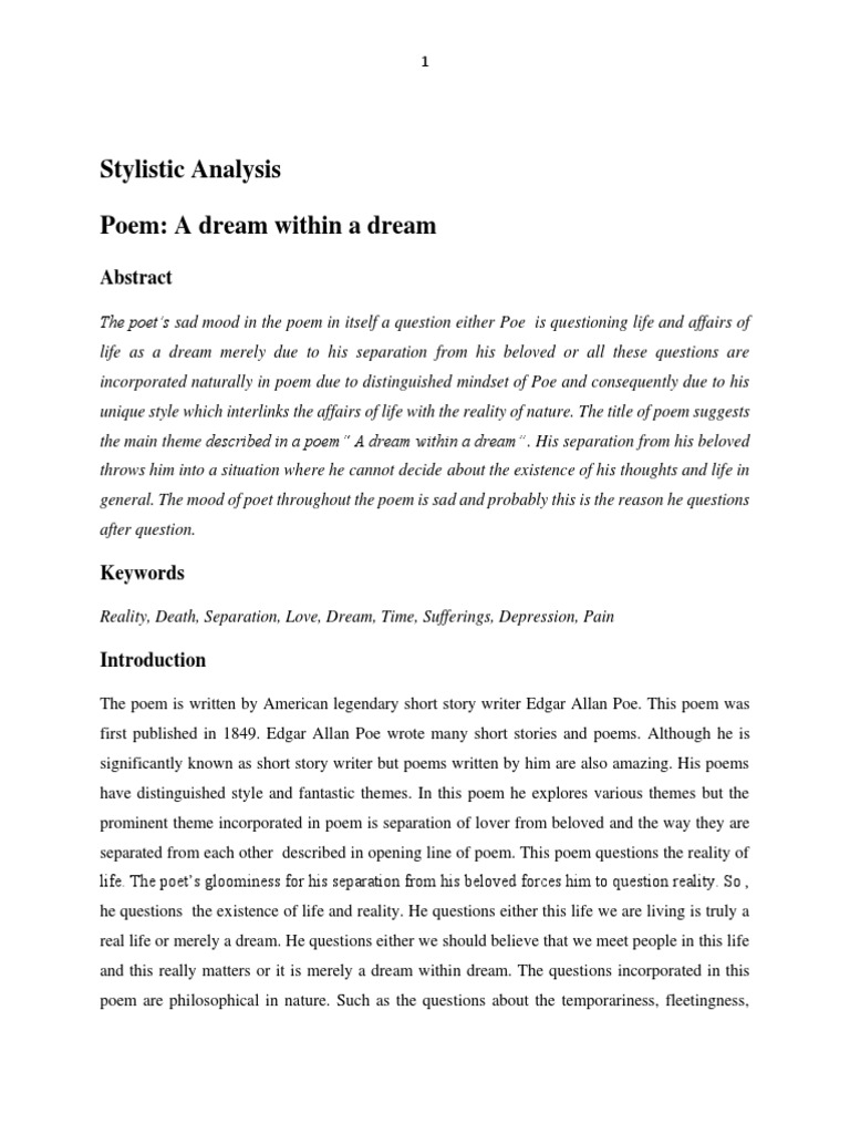 Stylistic Analysis of Edgar Allan Poe Poem (A Dream Within A Dream) | Download Free PDF | Poetry ...