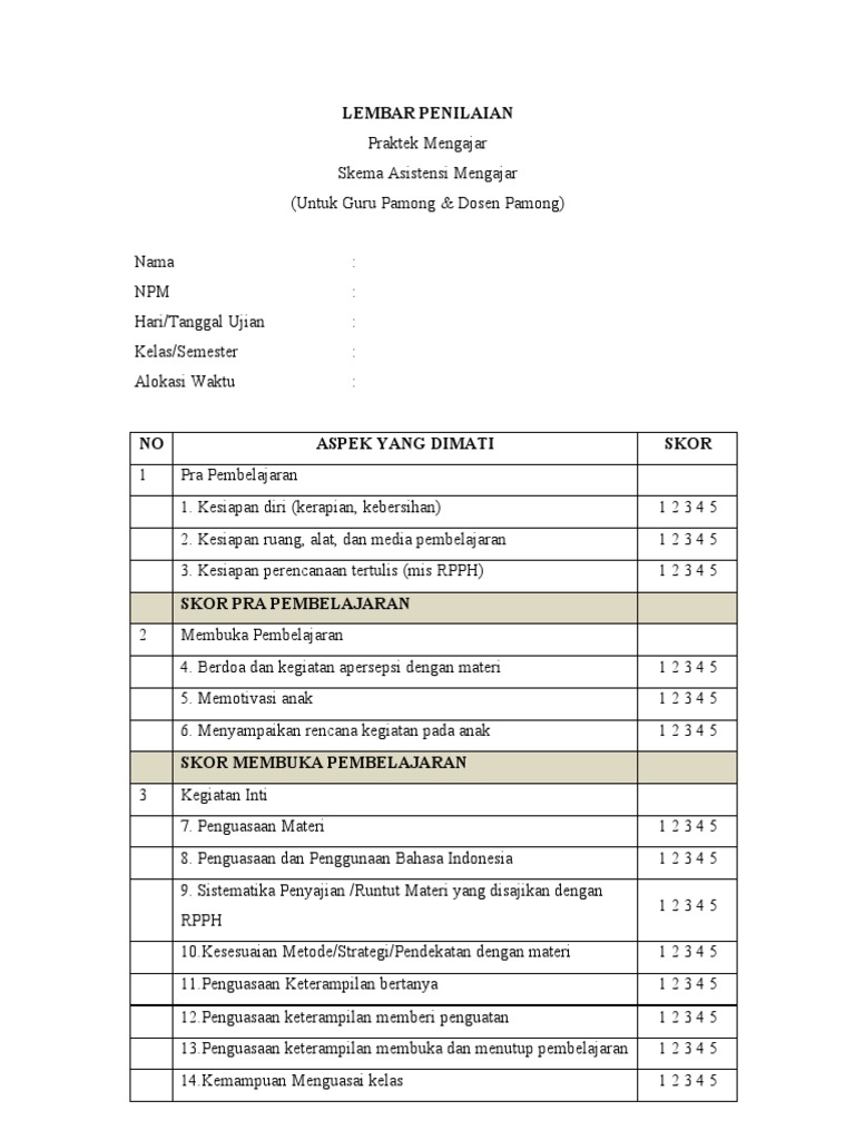 Lembar Penilaian Praktek Mengajar Skema Asistensi Mengajar | PDF