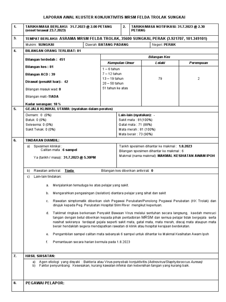 (31 Julai 2023) Laporan Awal Kluster Conjunctivitis MRSM Felda Trolak | PDF
