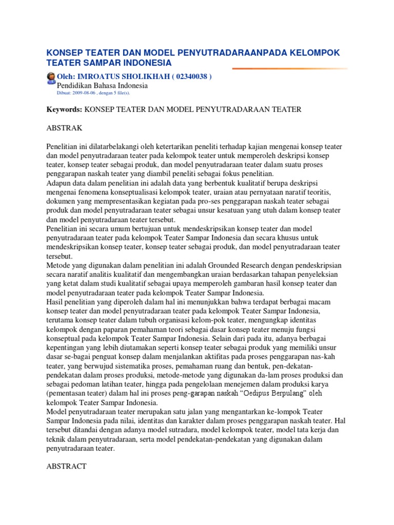 Konsep Teater Dan Model Penyutradaraanpada Kelompok Teater Sampar ...