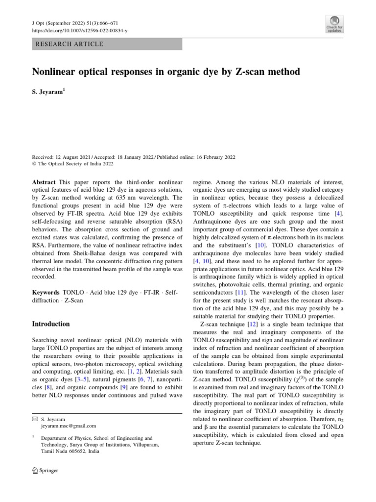 Nonlinear Optical Responses in Organic Dye by Z-Scan Method | PDF | Nonlinear Optics ...