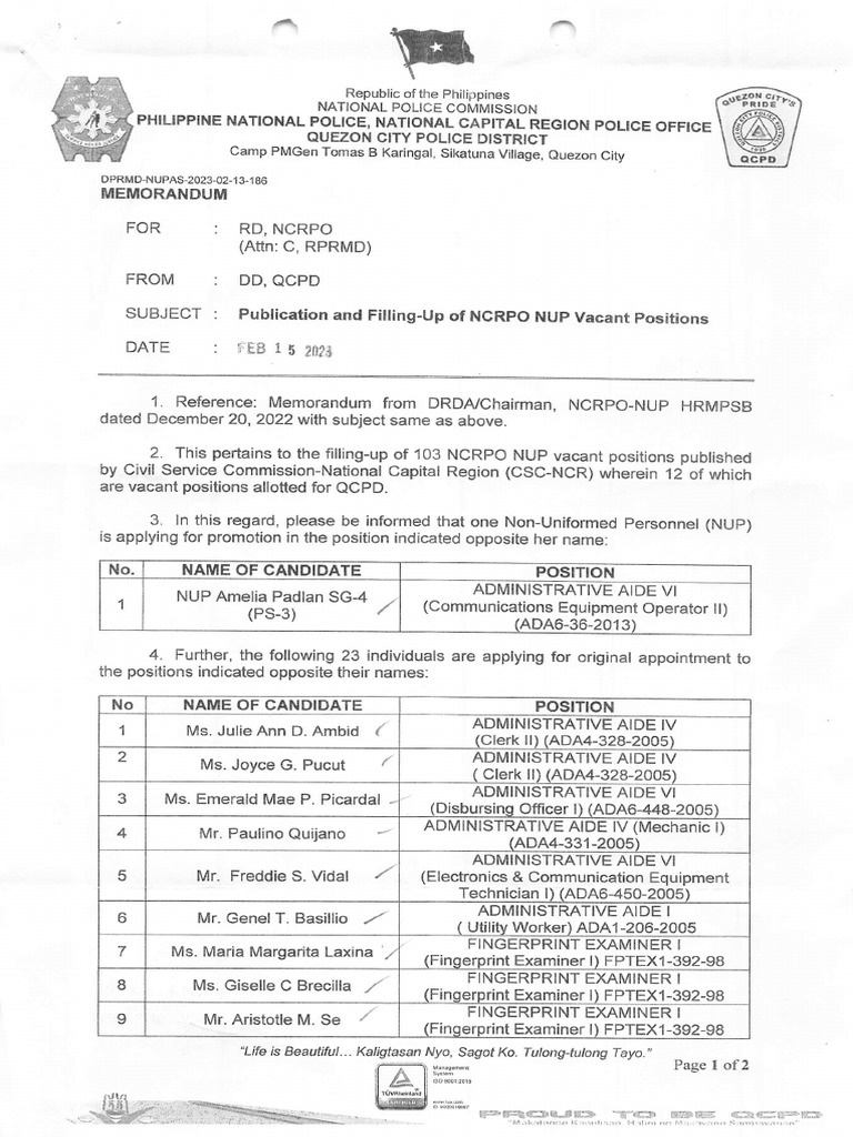 Publrcation and Filling-Up of NCRPO NUP Vacant Positions | PDF Publrcation and Filling-Up of NCRPO NUP Vacant Positions | PDF