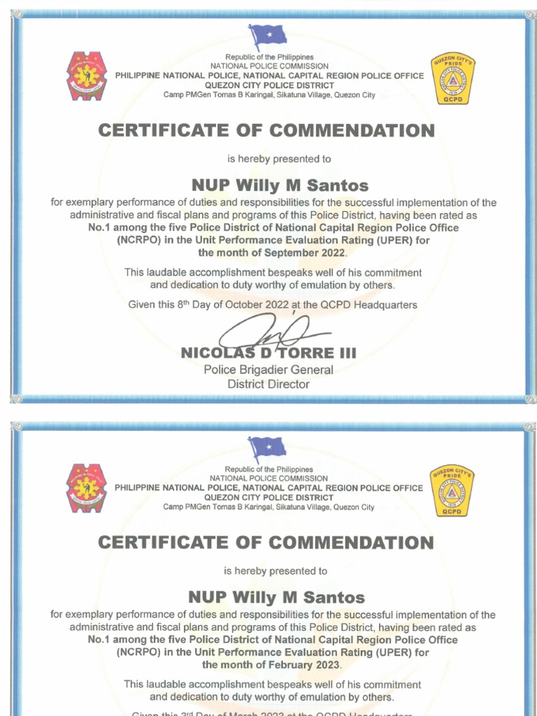 Certificate of Commendation | PDF | Metro Manila | Law Enforcement