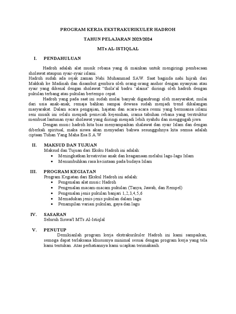 Program Kerja Ekstrakurikuler Hadroh | PDF | Agama & Spiritualitas