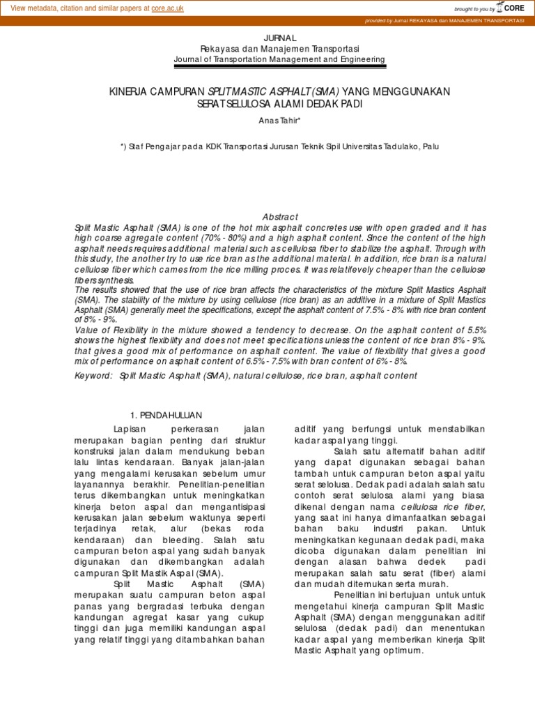 Kinerja Campuran Split Mastic Aspal (SMA) Yang Menggunakan Serat Selulosa Alami Dedak Padi | PDF ...