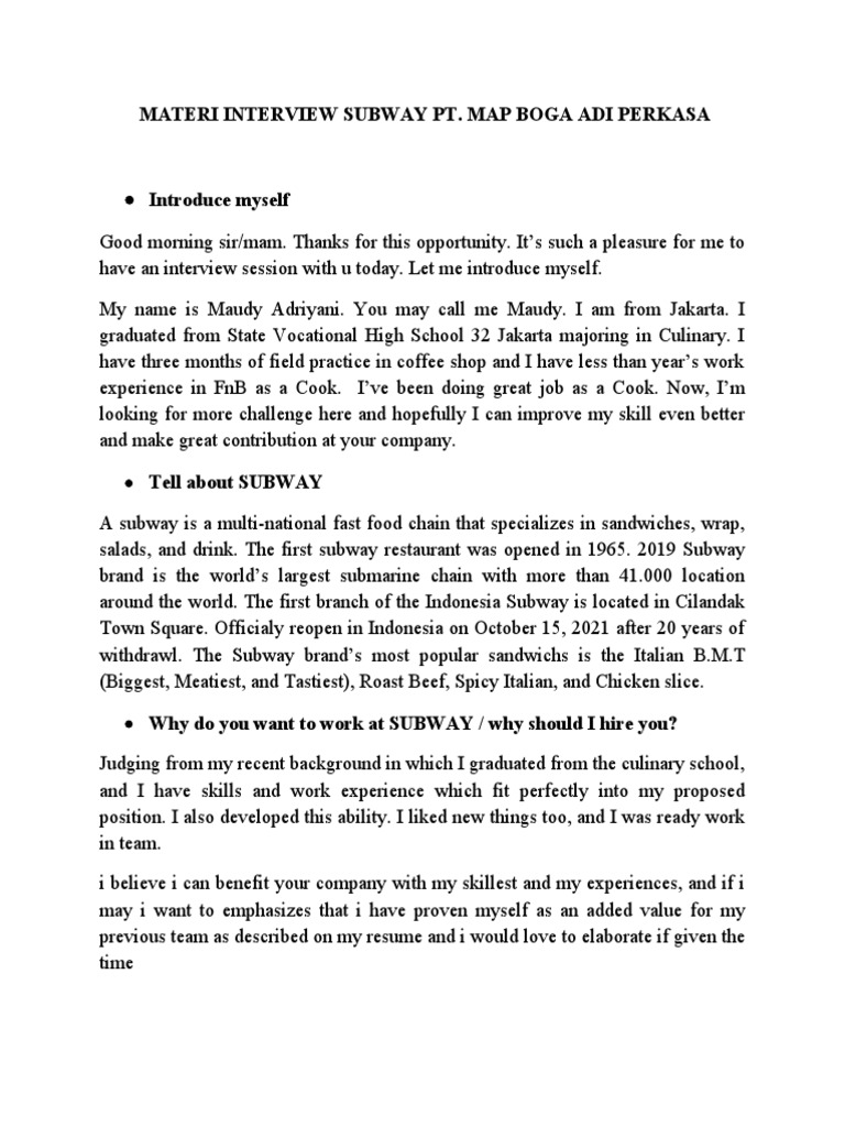 Subway Interview Preparation Guide | PDF