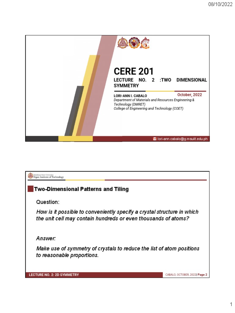CERe 201 Lec 2 TwoD Symmetry | PDF | Crystal Structure | Symmetry