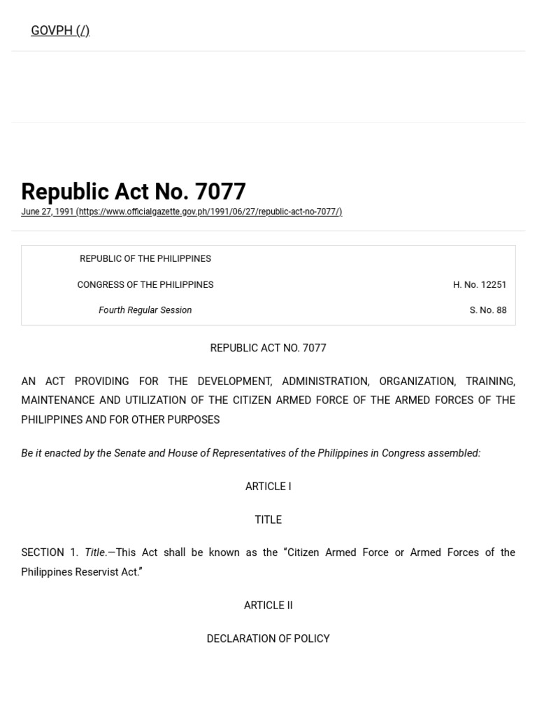 Republic Act No. 7077 - Official Gazette of The Republic of The Philippines | PDF | Reserve ...