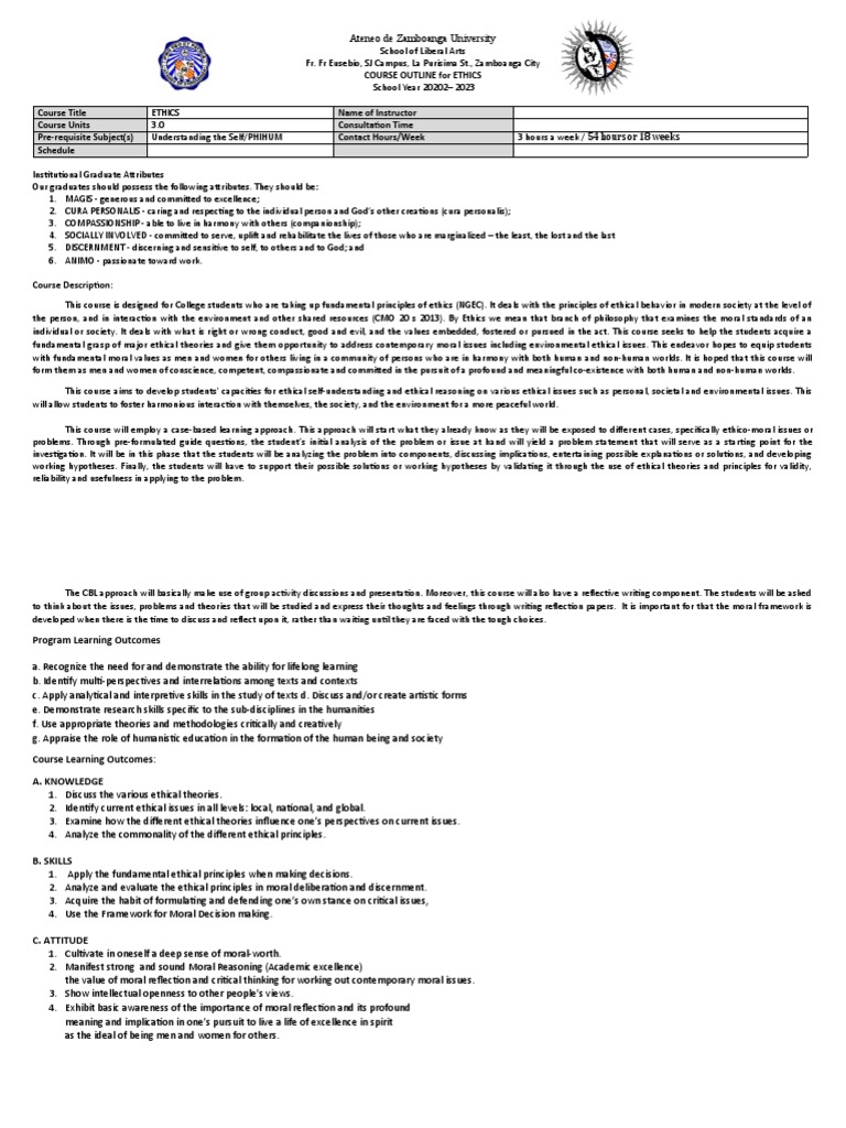 Ethics Course Outline 2022-2023 | PDF | Thought | Morality