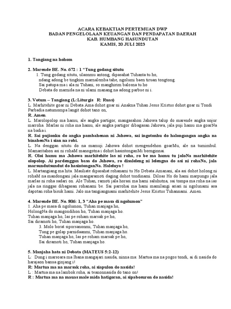 Acara Kebaktian Pertemuan DWP | PDF