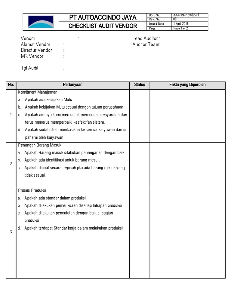 AAJ-PR-PRC-02-F5 Form Vendor Quality Audit Checklist | PDF | Teknologi & Rekayasa