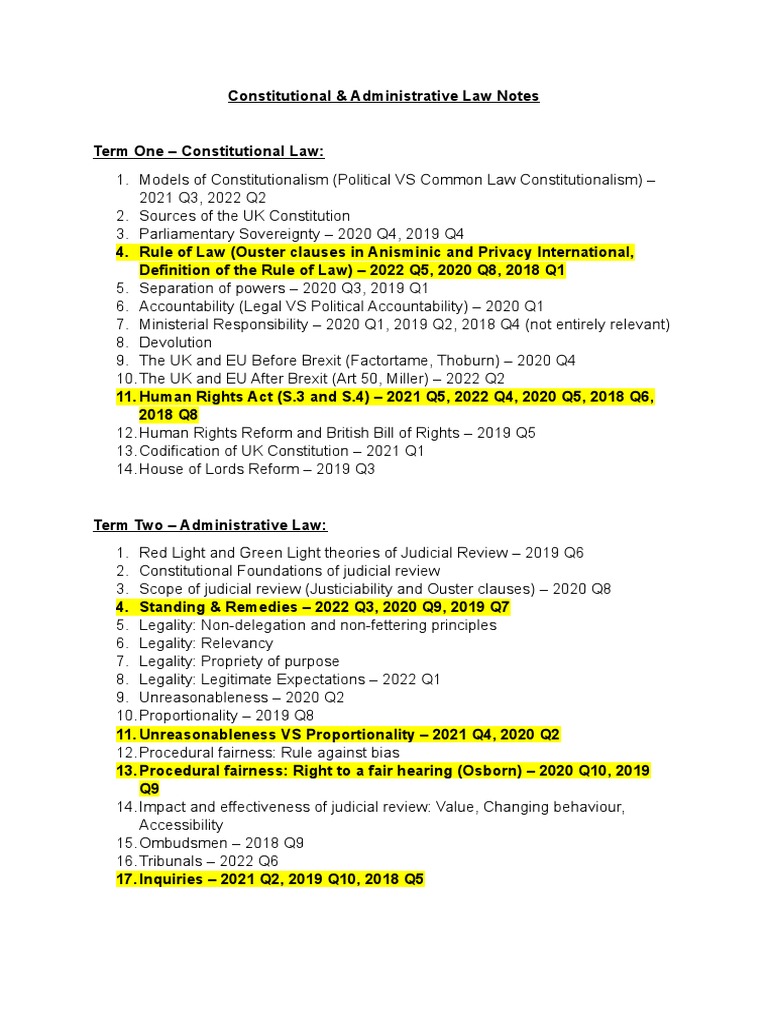 Constitutional and Administrative Law Exam Notes 2023 | PDF