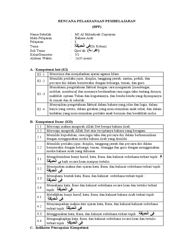 RPP Bahasa Arab Kelas 5 Semester 1 Tema 3 2017 | PDF