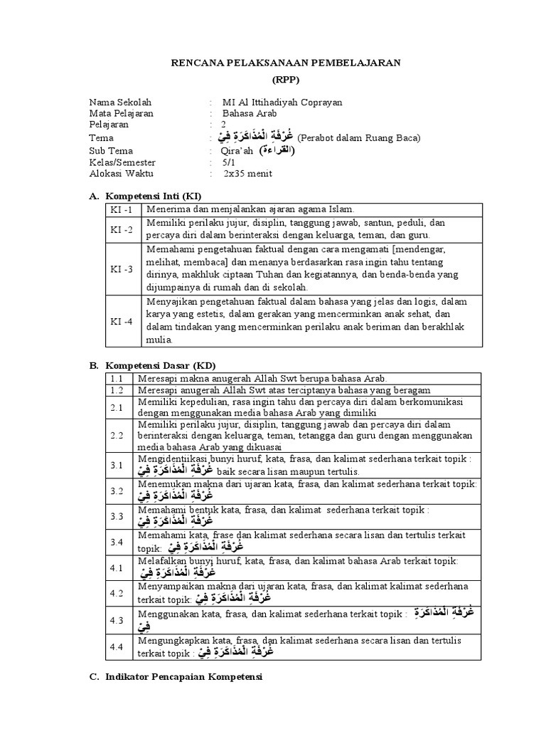 RPP Bahasa Arab Kelas 5 Semester 1 Tema 2 2017 | PDF