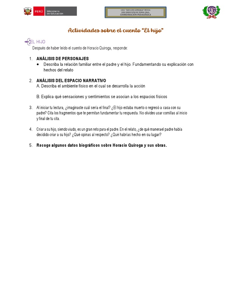 Actividades-El Hijo-Horacio Quiroga | PDF